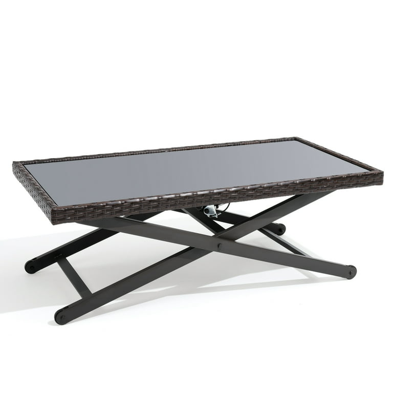 Pellebant Height Adjustable PE Rattan Coffee Table with Tempered Glass Black