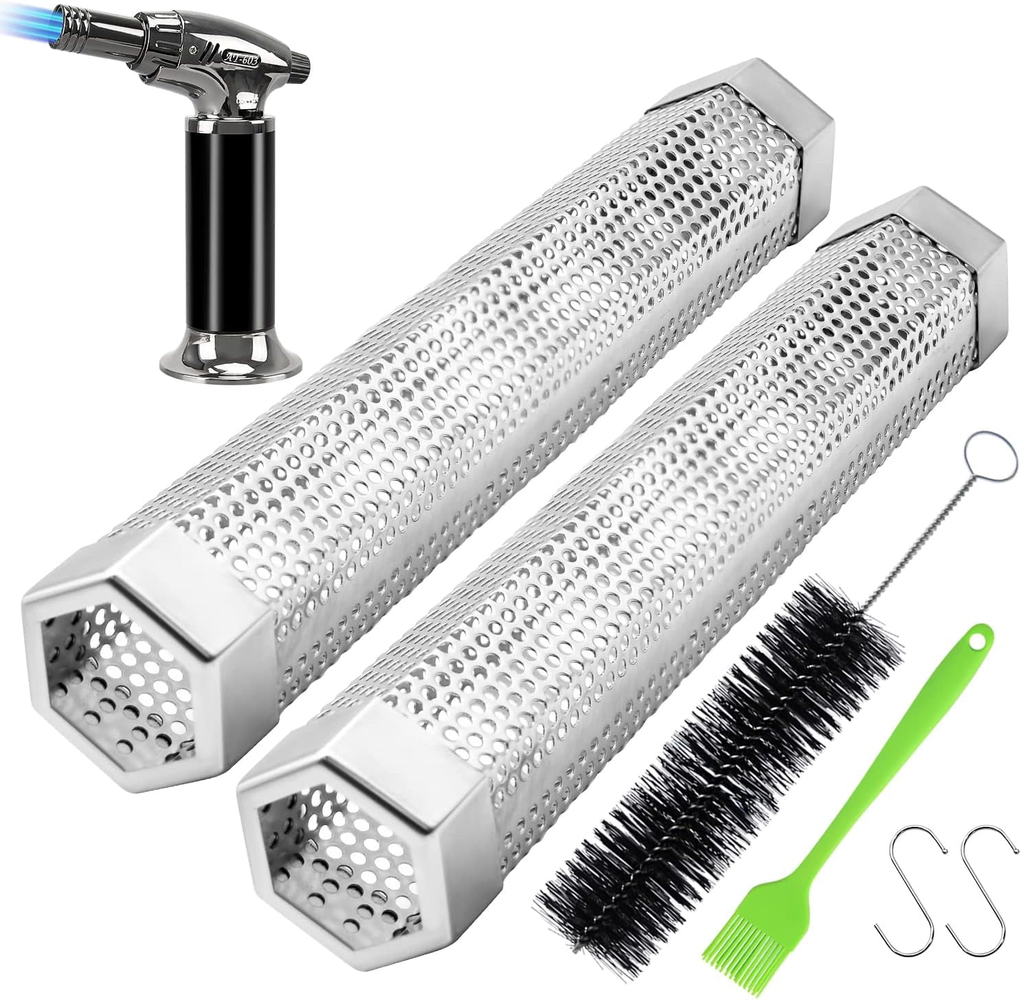 Pellet Smoker Tube, 2 Pack Smoker Tube with Butane Torch and 2 Hooks 2 ...