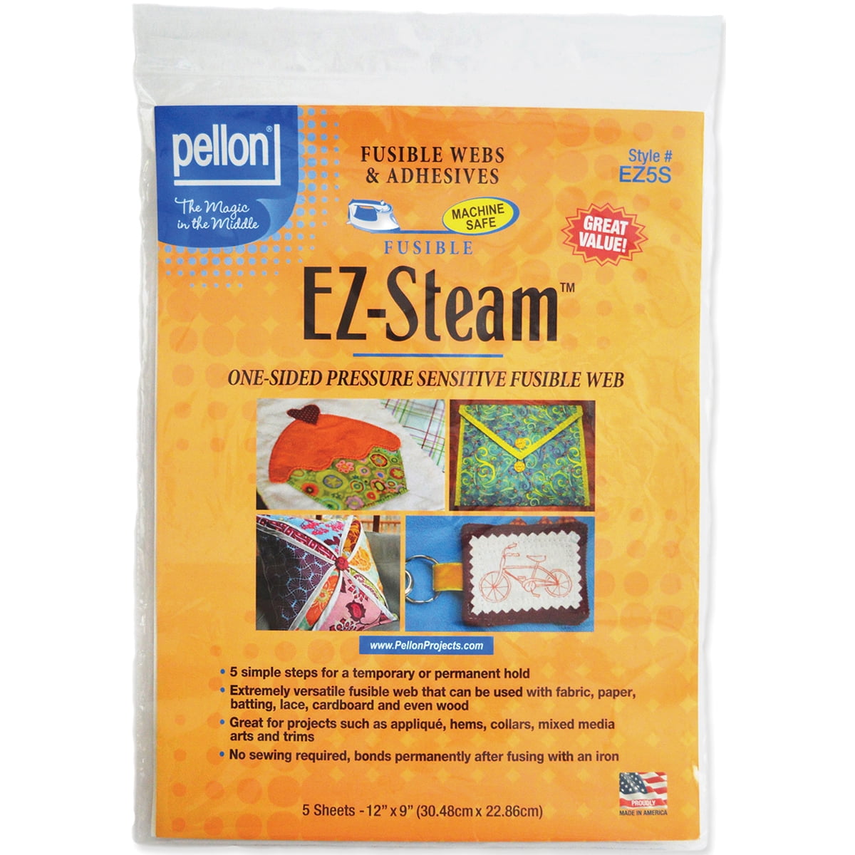Pellon EZ Steam Fabric, 12" x 9" - 5 Sheets Precut Package Clear ...