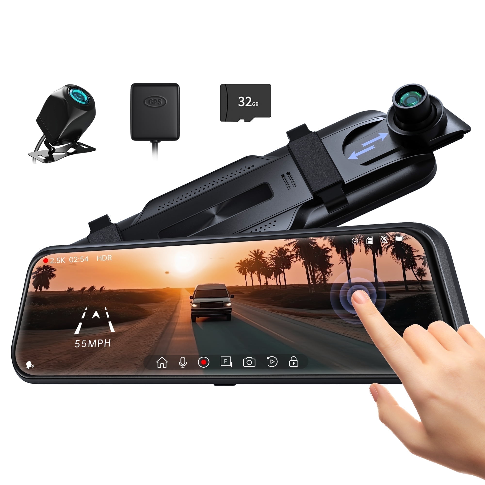 Pelsee 10" 2.5K Mirror Dash Cam, Touch Screen Front and Rear View ...