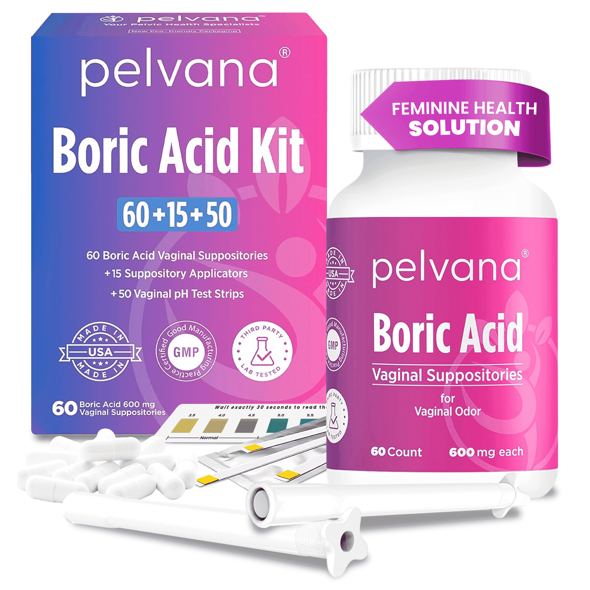 Pelvana Boric Acid Suppositories - 60 Count + 15 Applicators + 50 pH ...