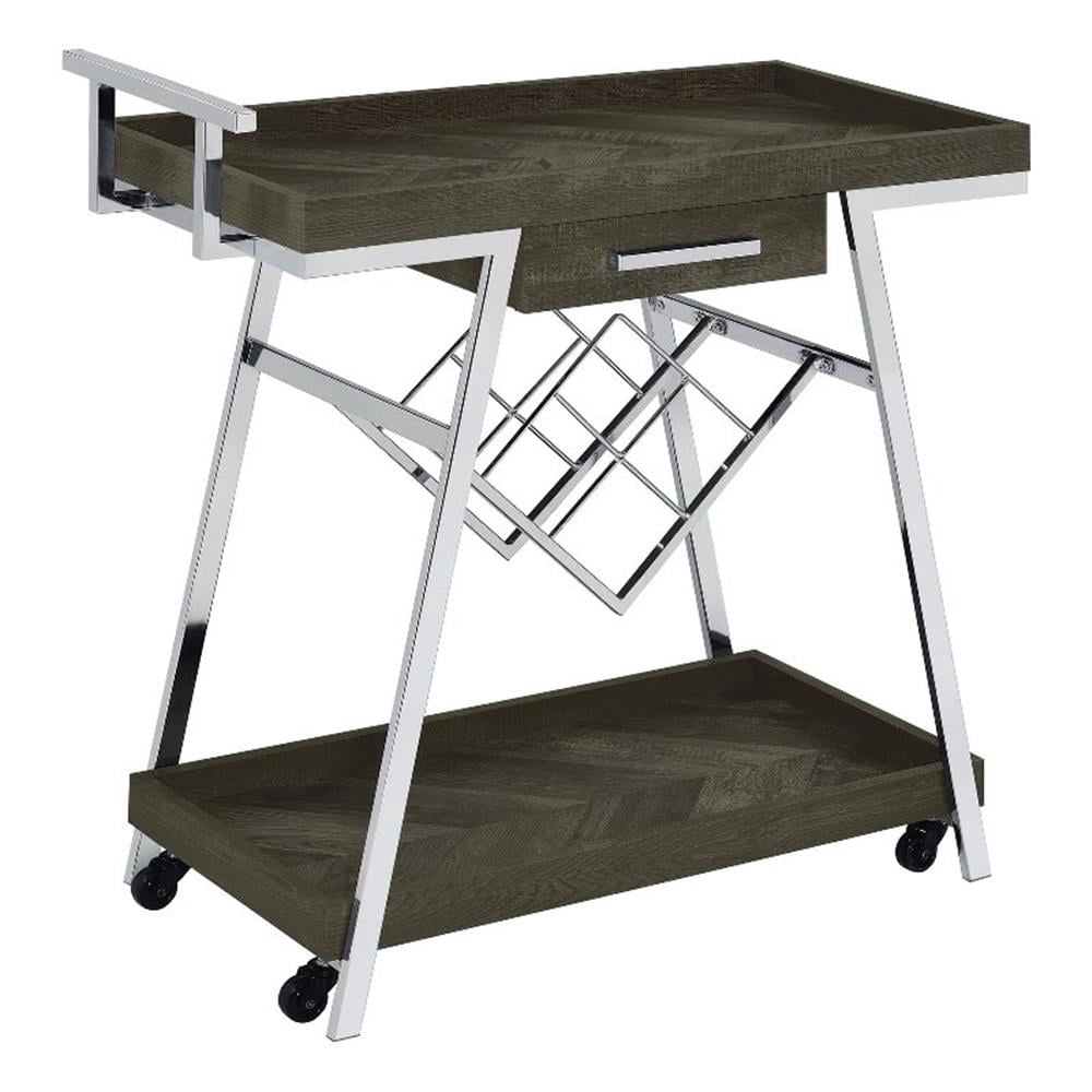 Pemberly Row 1-drawer Contemporary Wood Bar Cart w/ Shelving in Gray ...