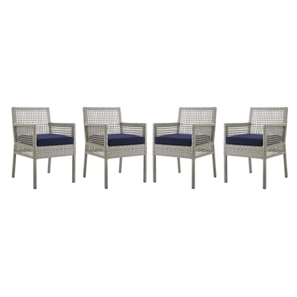 Pemberly Row 19.5" Wicker / Rattan Patio Dining Armchair in Gray/Navy ...