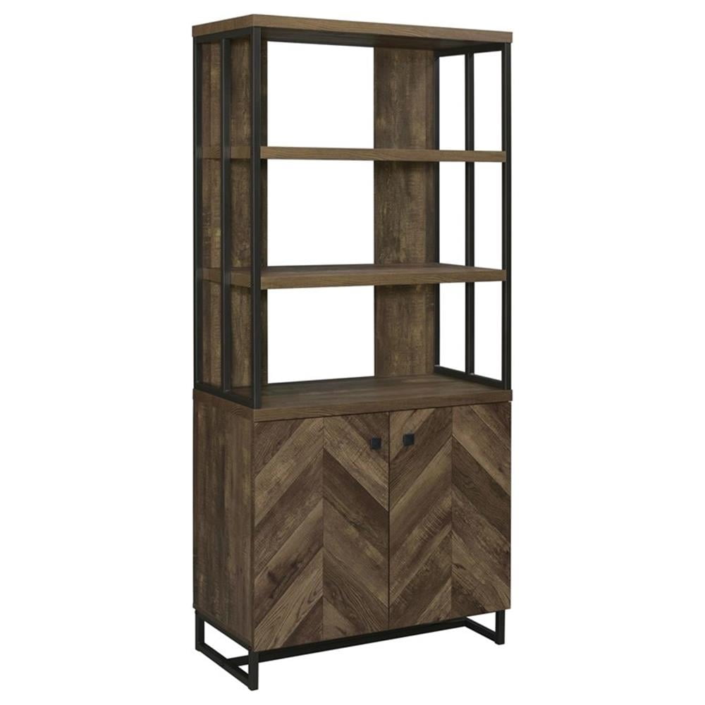 Pemberly Row 2-door Wood Bookcase Rustic Oak Herringbone and Gunmetal ...