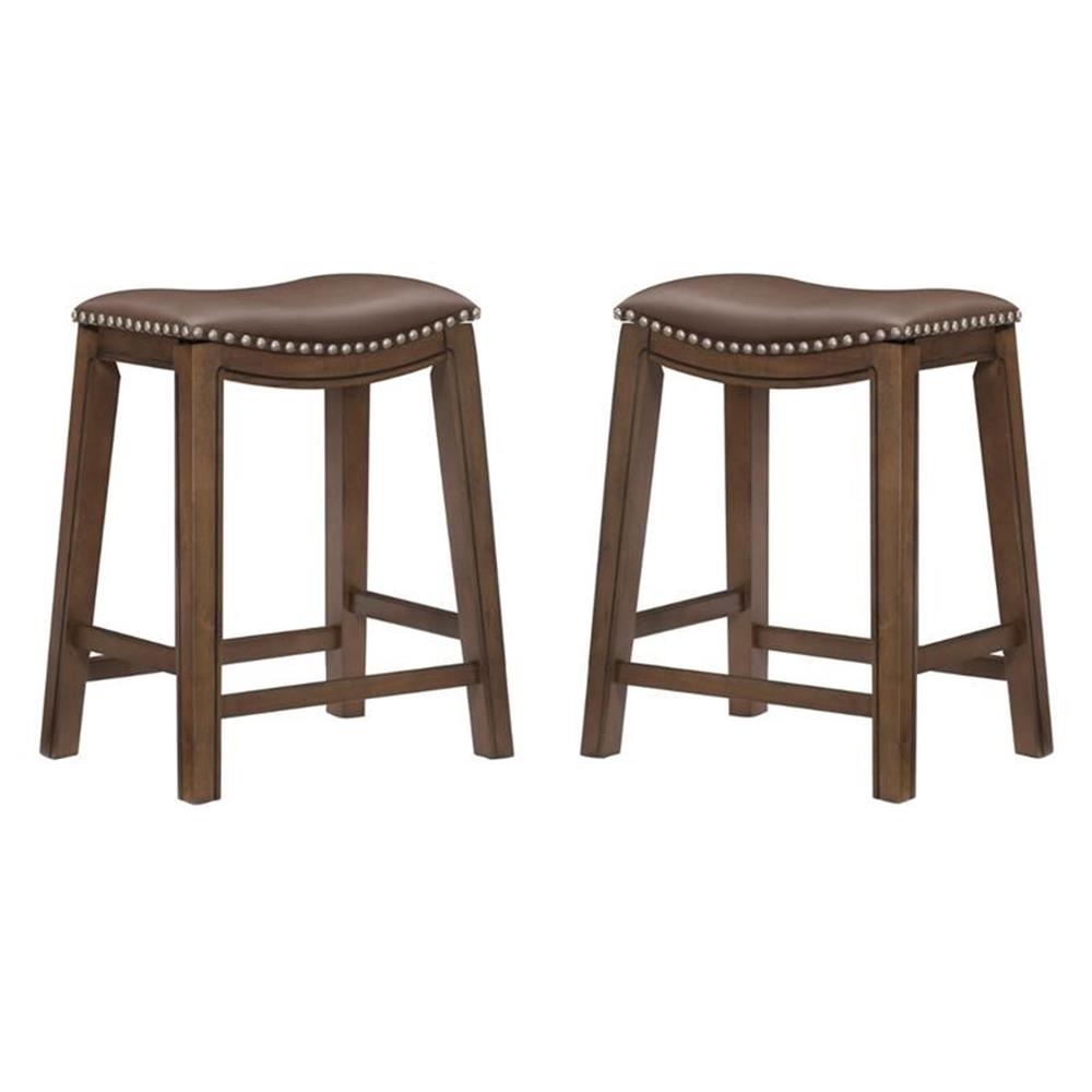 Pemberly Row 24" Faux Leather Saddle Counter Stool in Brown - Set of 2 ...