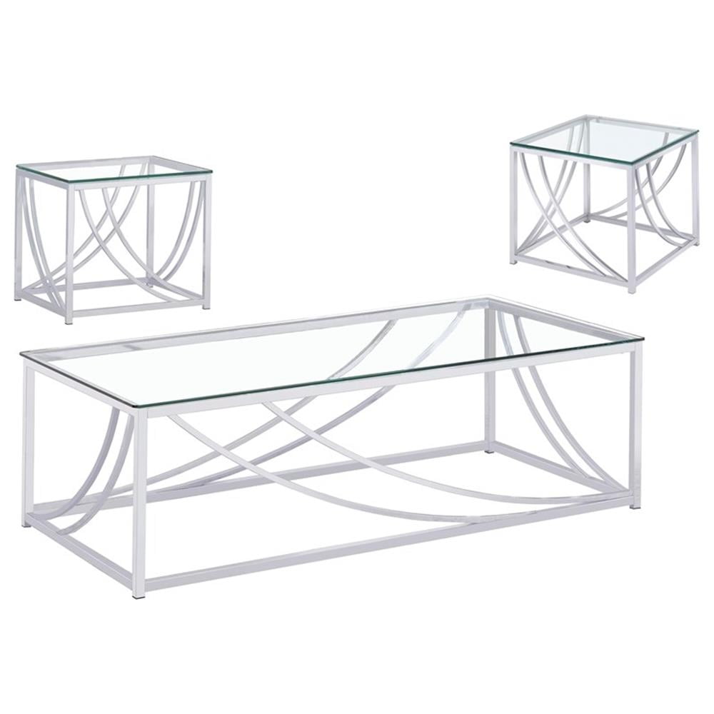 Pemberly Row 3-Piece Glass Top Metal Coffee End Table Set in Chrome ...
