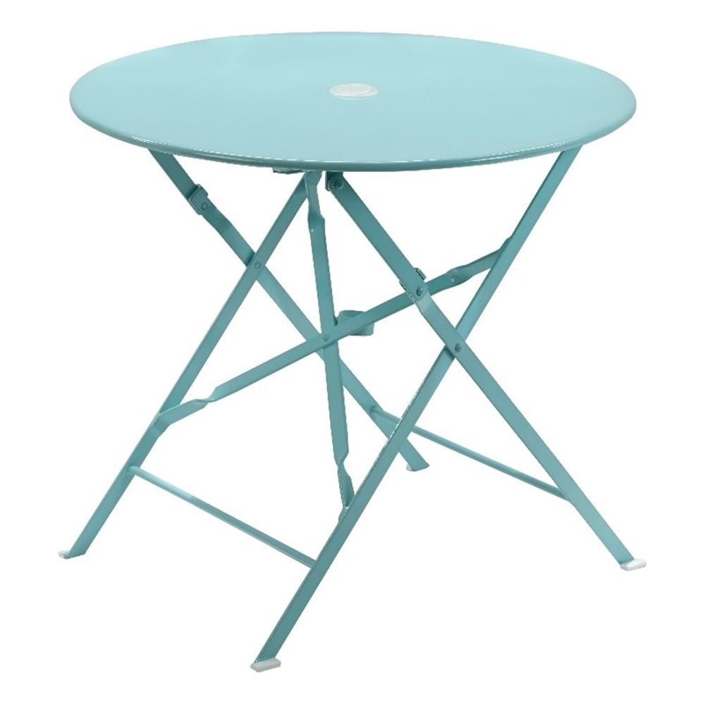 Pemberly Row 30" Folding Metal Bistro Table with Umbrella Hole in Teal ...