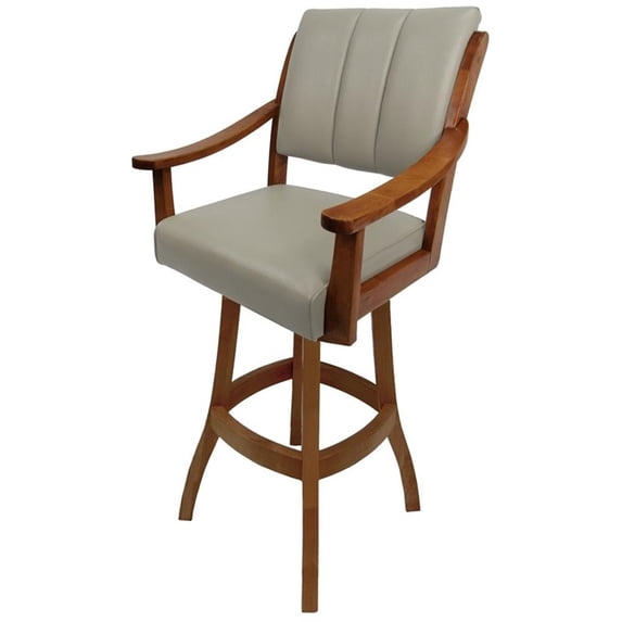 Pemberly Row 30" Solid Swivel Wood Bar Stool in Ocean Beige Vinyl/Honey ...