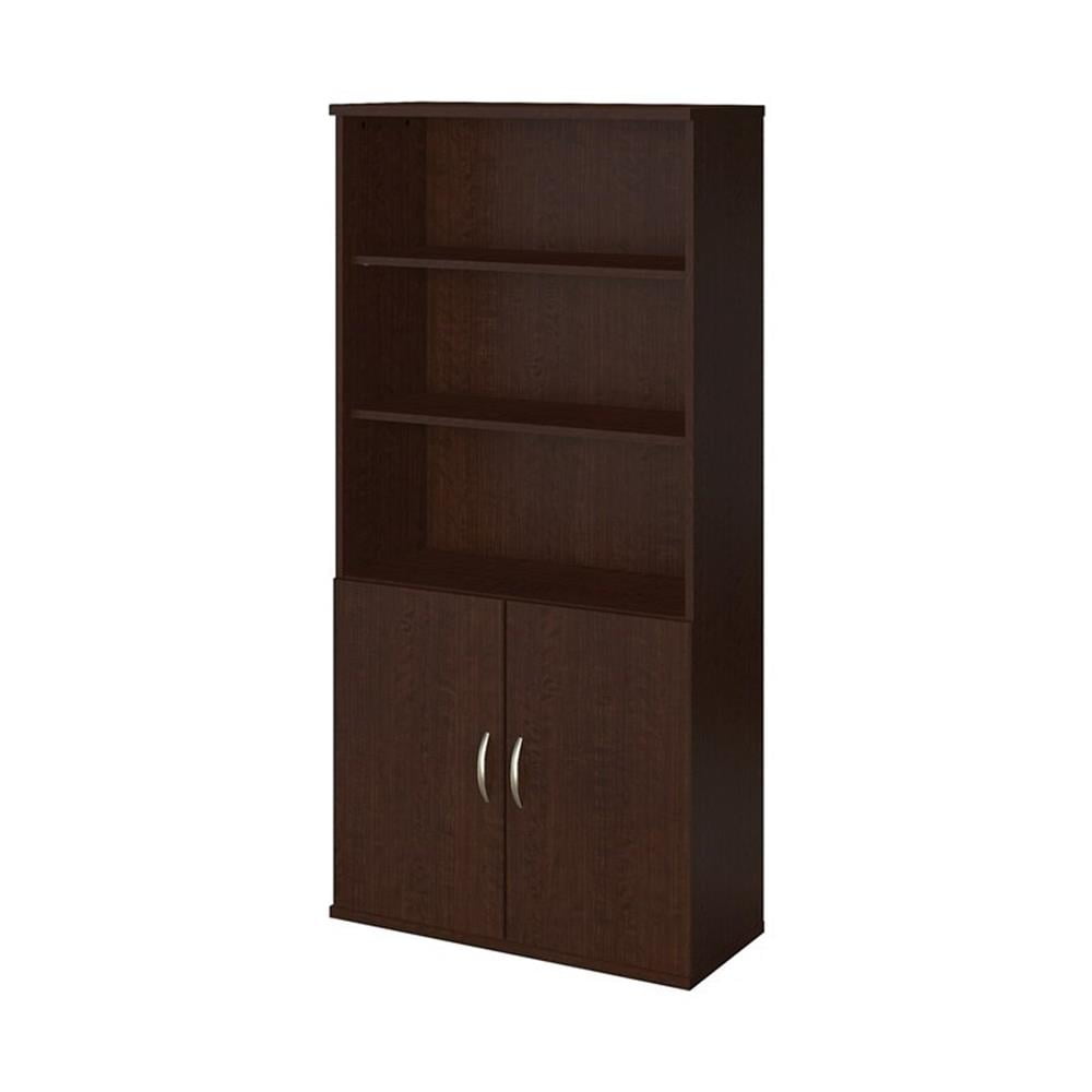 Pemberly Row 36W 5 Shelf Bookcase with Doors in Mocha Cherry ...