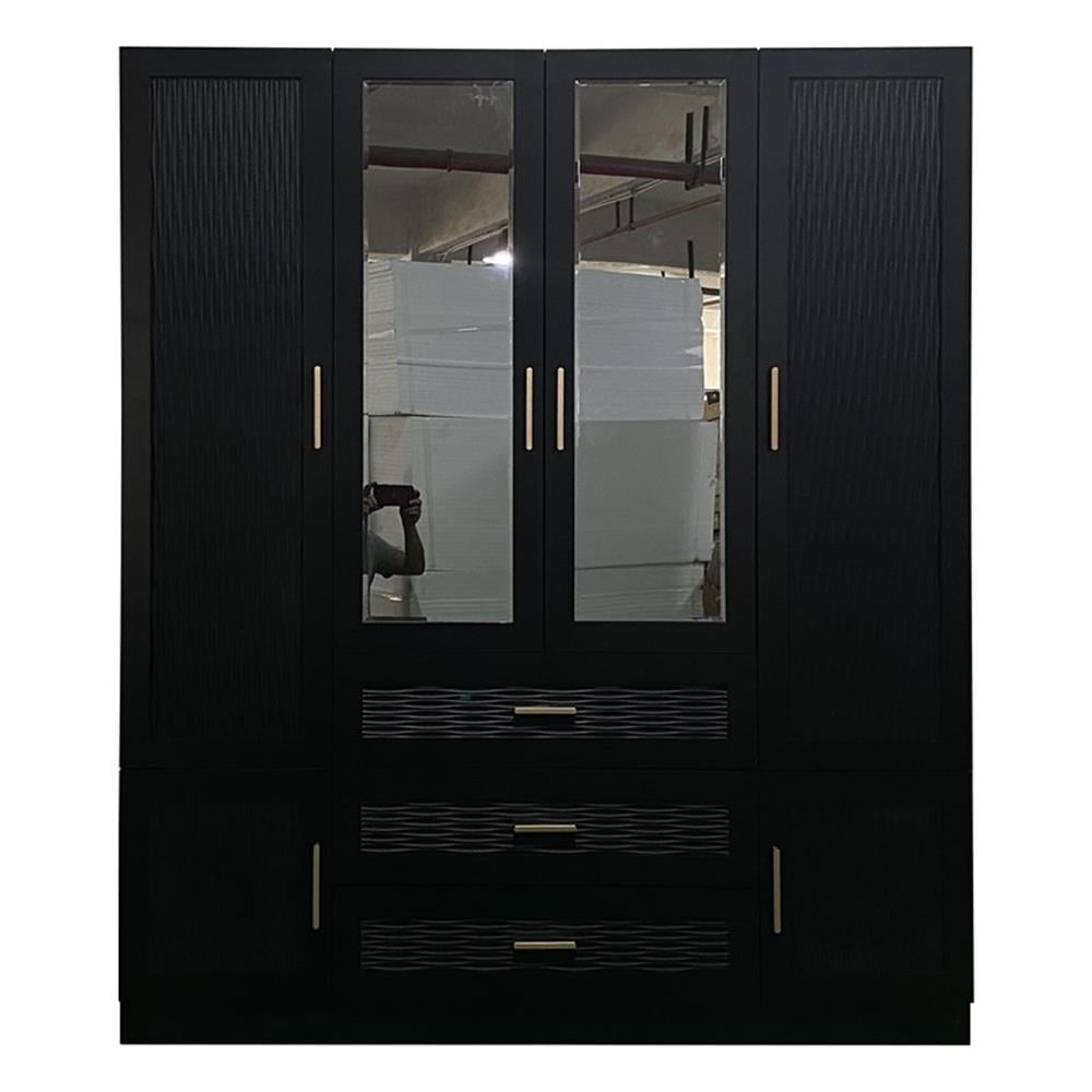 Pemberly Row 4 Doors Wood Black Armoire Wardrobe Closet with Mirror and ...