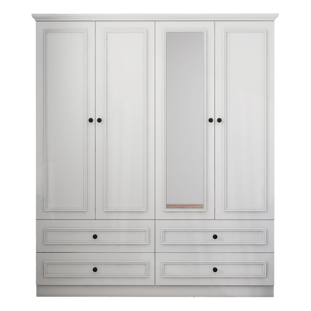 Pemberly Row 4 Doors Wood White Armoire Wardrobe Closet with 4 Drawers ...