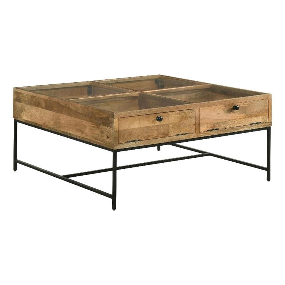 Pemberly Row 4-Drawer Square Wood & Glass Coffee Table in Honey Brown ...