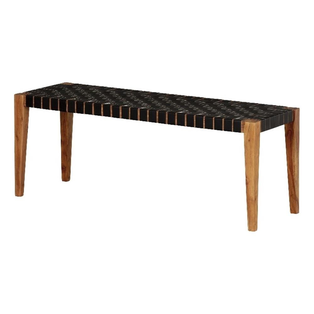 Pemberly Row 47.25"W Wood and Woven Leather Bench in Black Finish ...