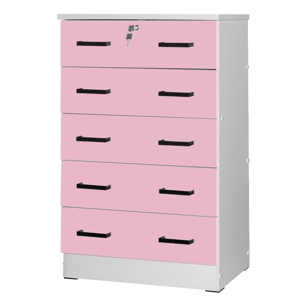 Pemberly Row Vertical 5 Drawer Chest Wooden Dresser with Lock in Pink ...