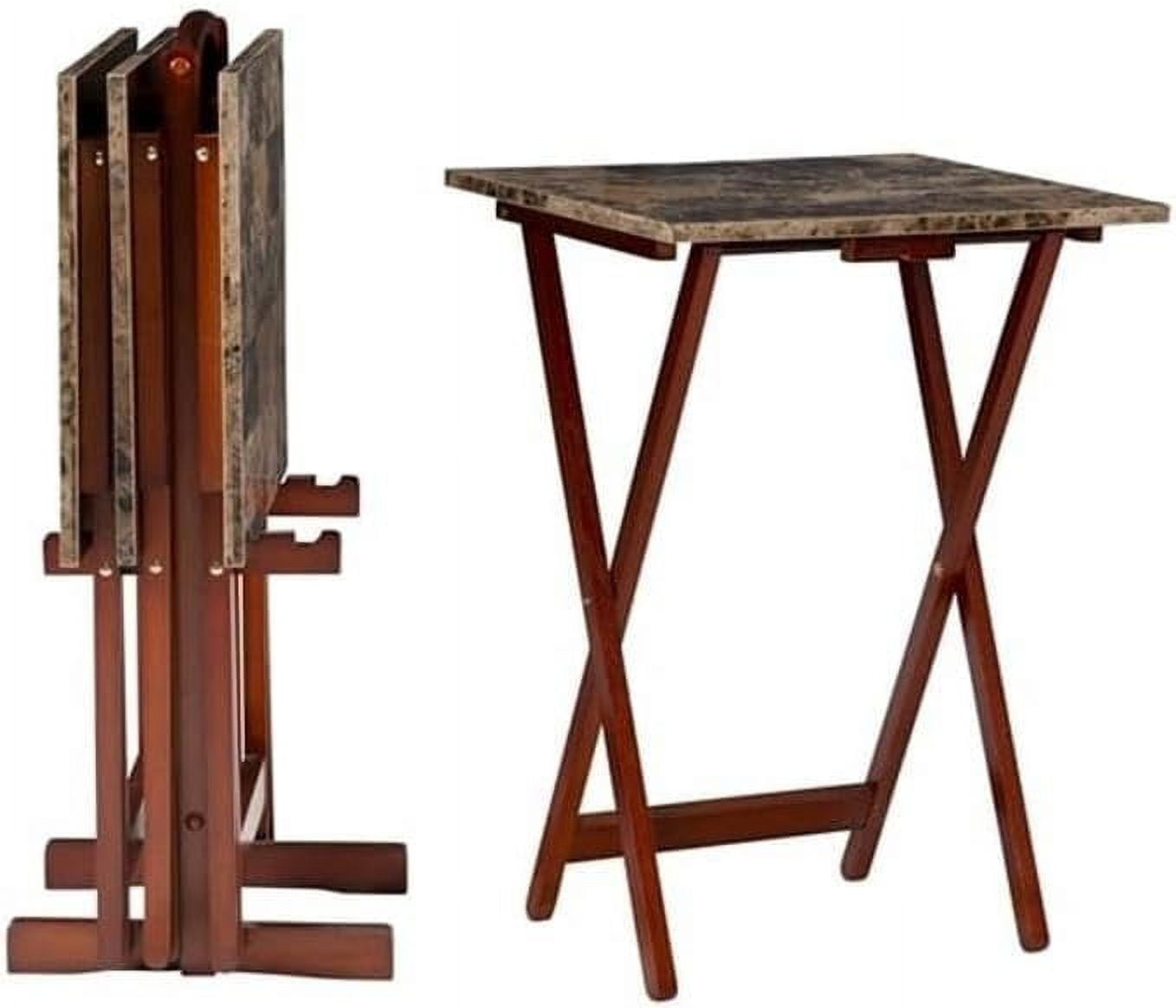 Pemberly Row 5 Piece Wood Folding Faux Marble Table Tray Set in Brown ...
