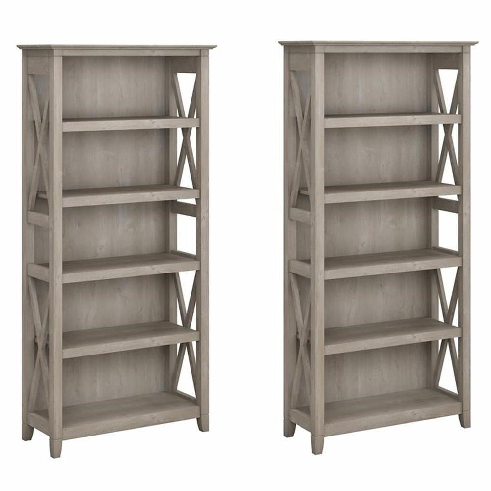Pemberly Row 5 Shelves Wood Bookcase Set with X Pattern in Washed Gray ...
