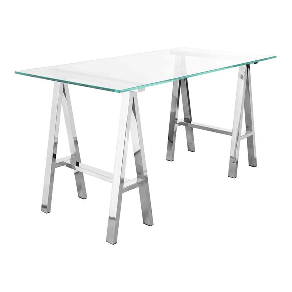 Pemberly Row 55" High Polished Steel Metal and Tempered Glass Desk in ...