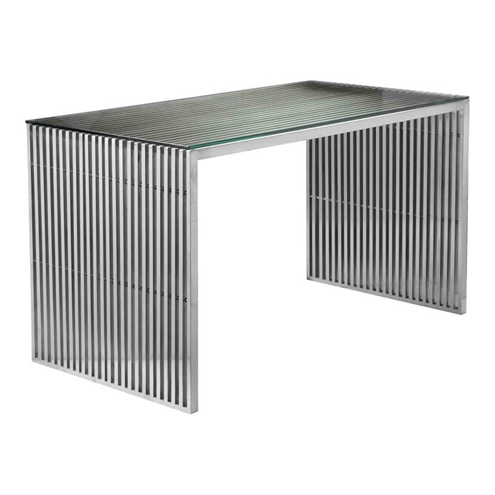 Pemberly Row 59" Modern Brushed Steel Metal and Glass Desk in Silver ...