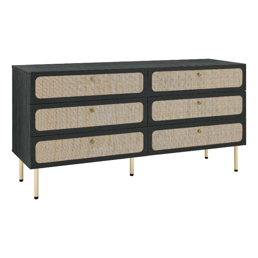 Pemberly Row 6-Drawer Particleboard and Rattan Dresser in Black ...