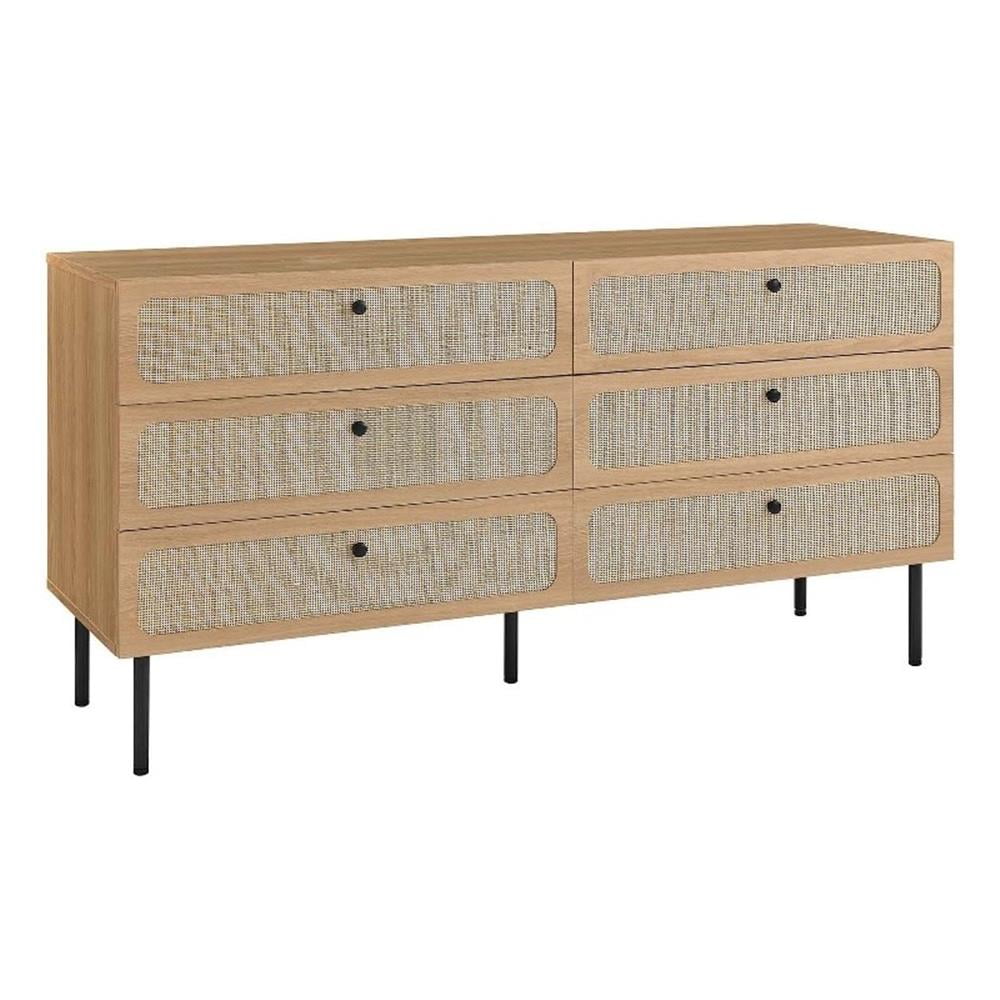 Pemberly Row 6-Drawer Particleboard and Rattan Dresser in Oak - Walmart.com