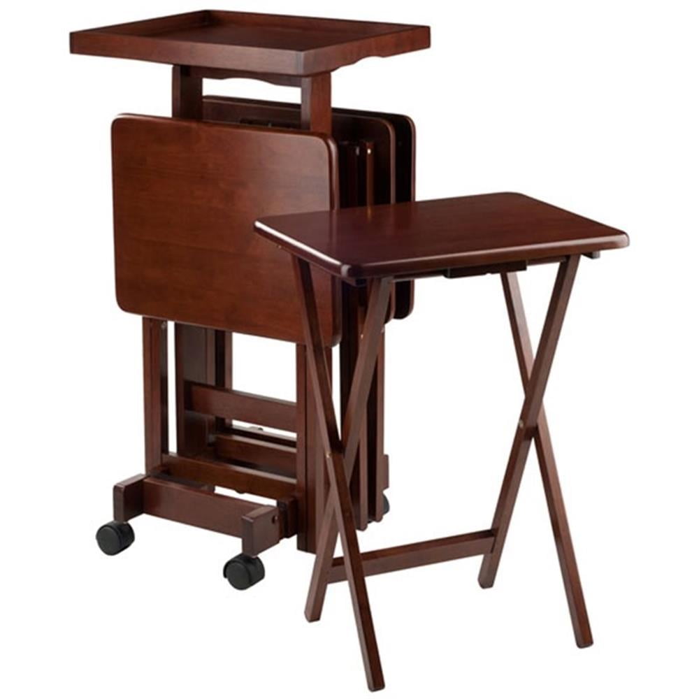 Pemberly Row 6-Piece Transitional Solid Wood Snack Table Set in Walnut ...