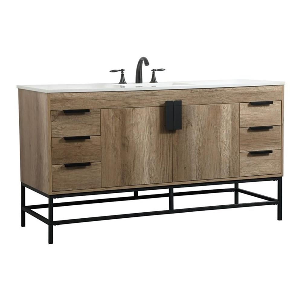 Pemberly Row 60" Aluminum MDF Single Bathroom Vanity in Natural Oak ...