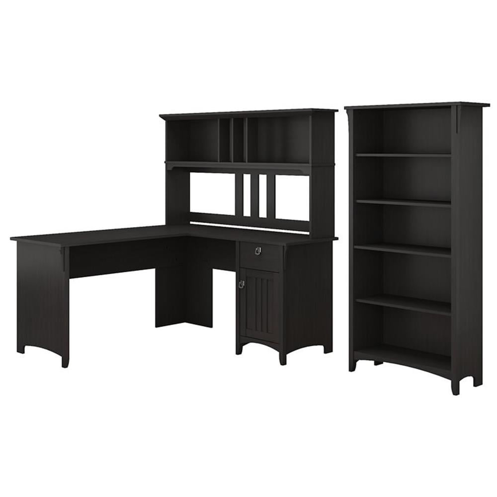 Pemberly Row 60W L Shaped Wood Desk with Hutch Bookcase in Black ...