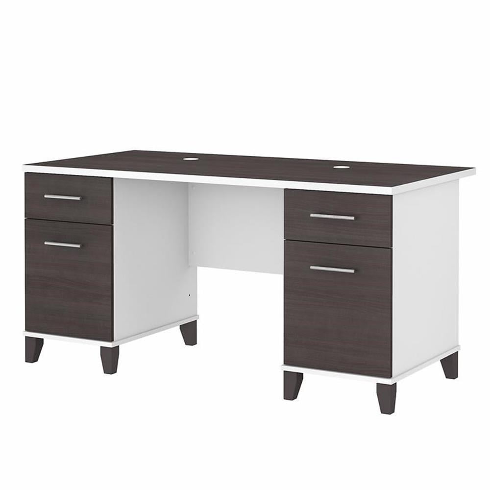 Pemberly Row 60W Office Desk w/ Drawers in White & Storm Gray ...