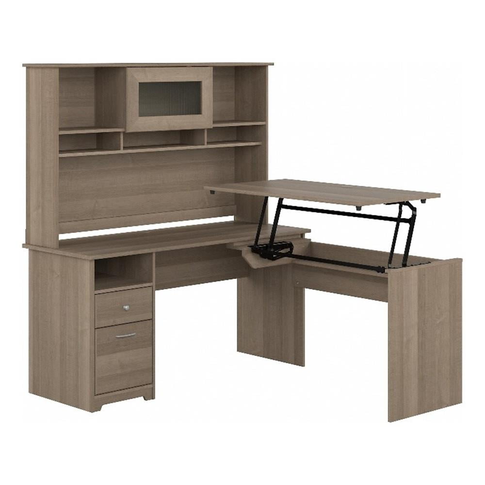 Pemberly Row 60W Sit to Stand L Desk with Hutch in Ash Gray ...