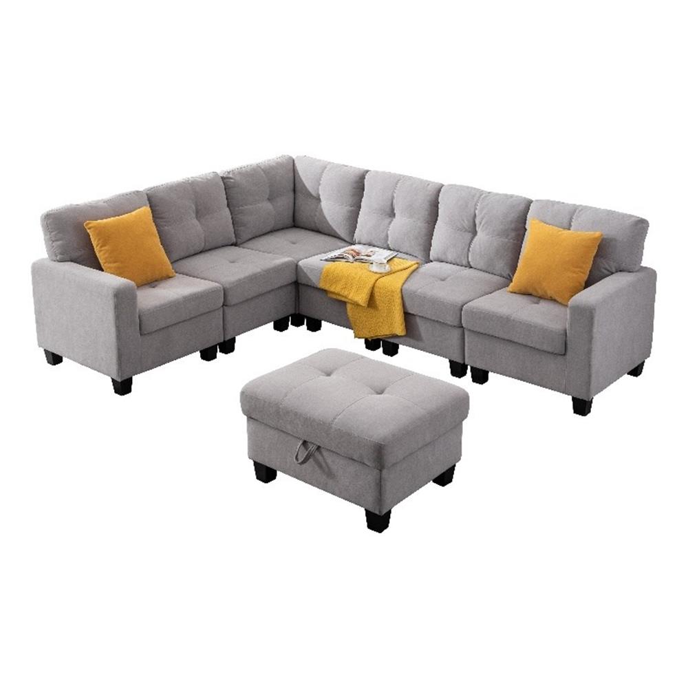Pemberly Row 7 Piece Solid Wood & Soft Fabric Sofa Set in Ash Gray ...