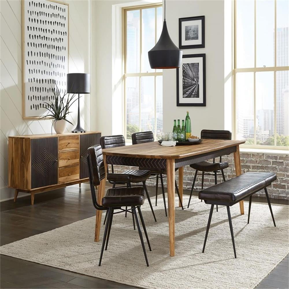 Pemberly Row 7-Piece Wood & Leather Dining Set in Natural Sheesham ...