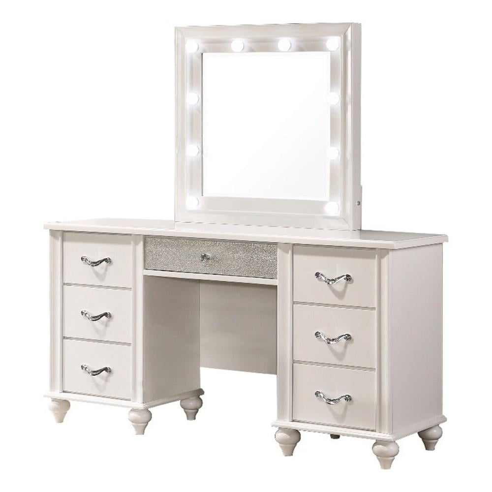 Pemberly Row 7-drawer Wood Vanity Desk with Lighted Mirror White ...
