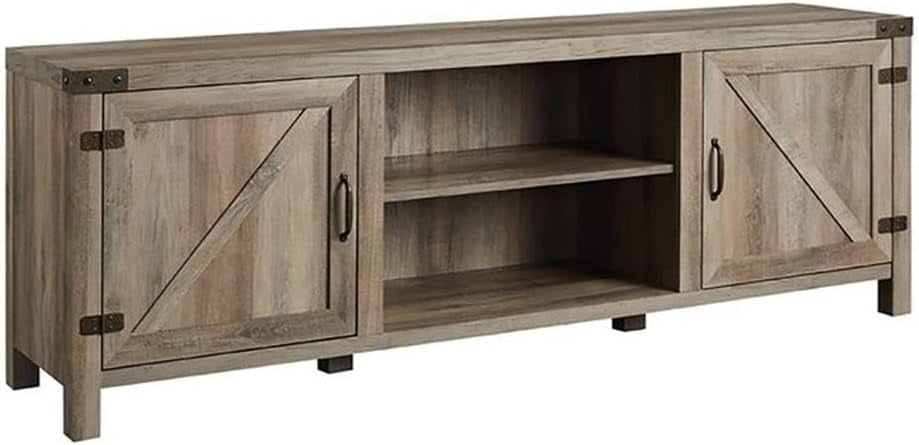 Pemberly Row 70" Farmhouse Barn Door Rustic Wood TV Stand Console with Storage in Rustic Gray ...