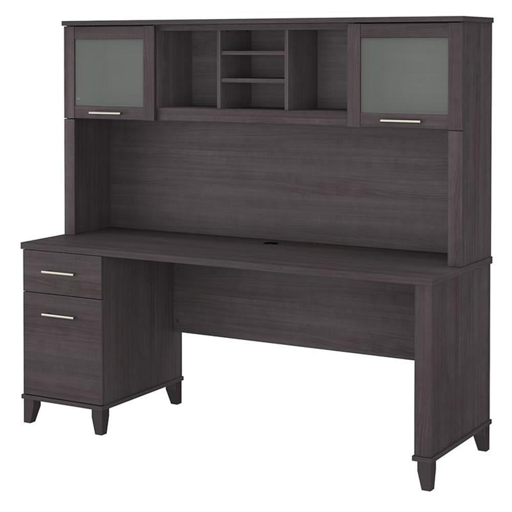 Pemberly Row 72W Office Desk w/ Drawers & Hutch in Storm Gray ...