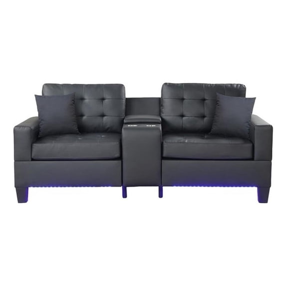 Pemberly Row 85" Black PVC LED Sofa with USB Storage and Cupholders ...