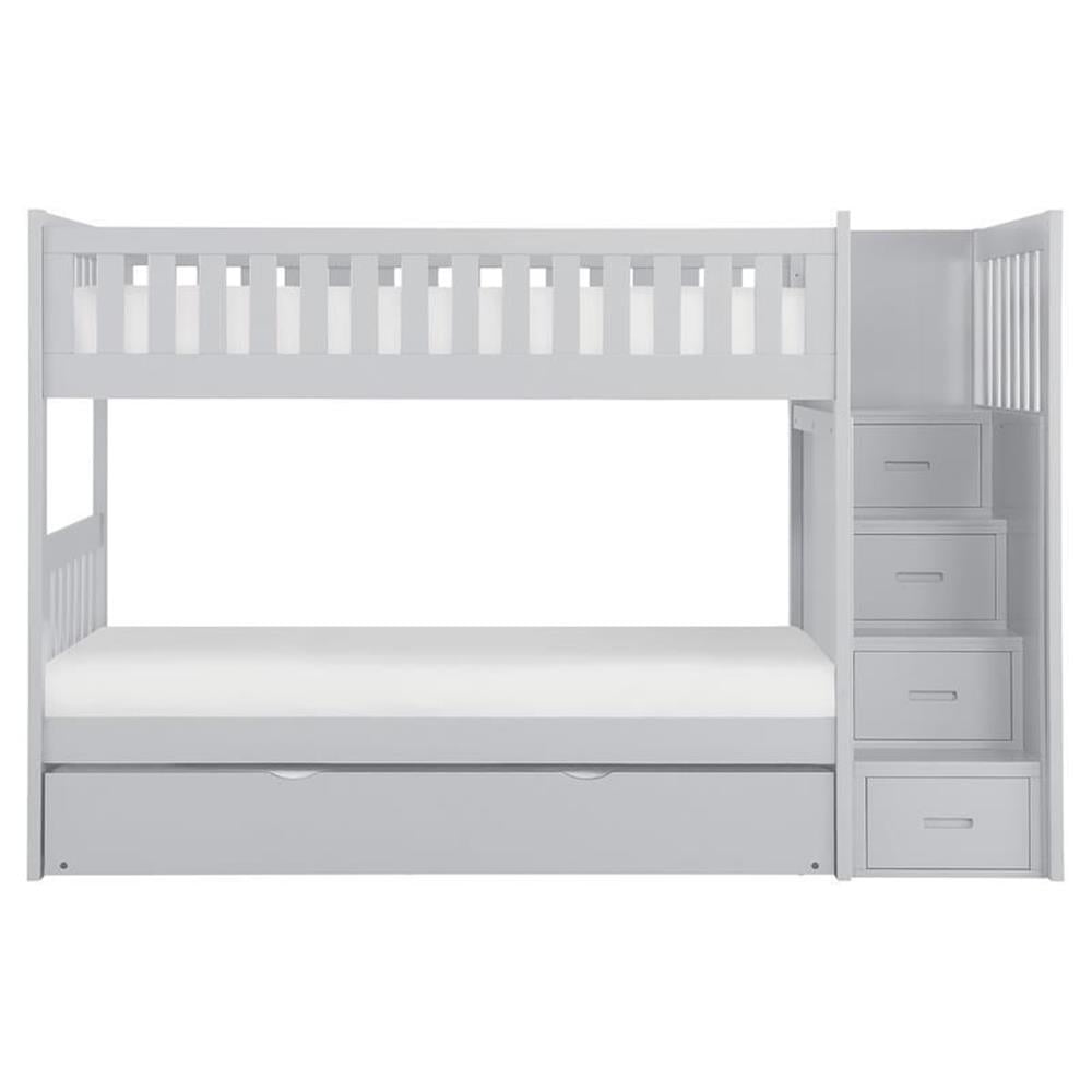 Pemberly Row 97" Reversible Step Storage Wood Bunk Bed with Trundle in ...