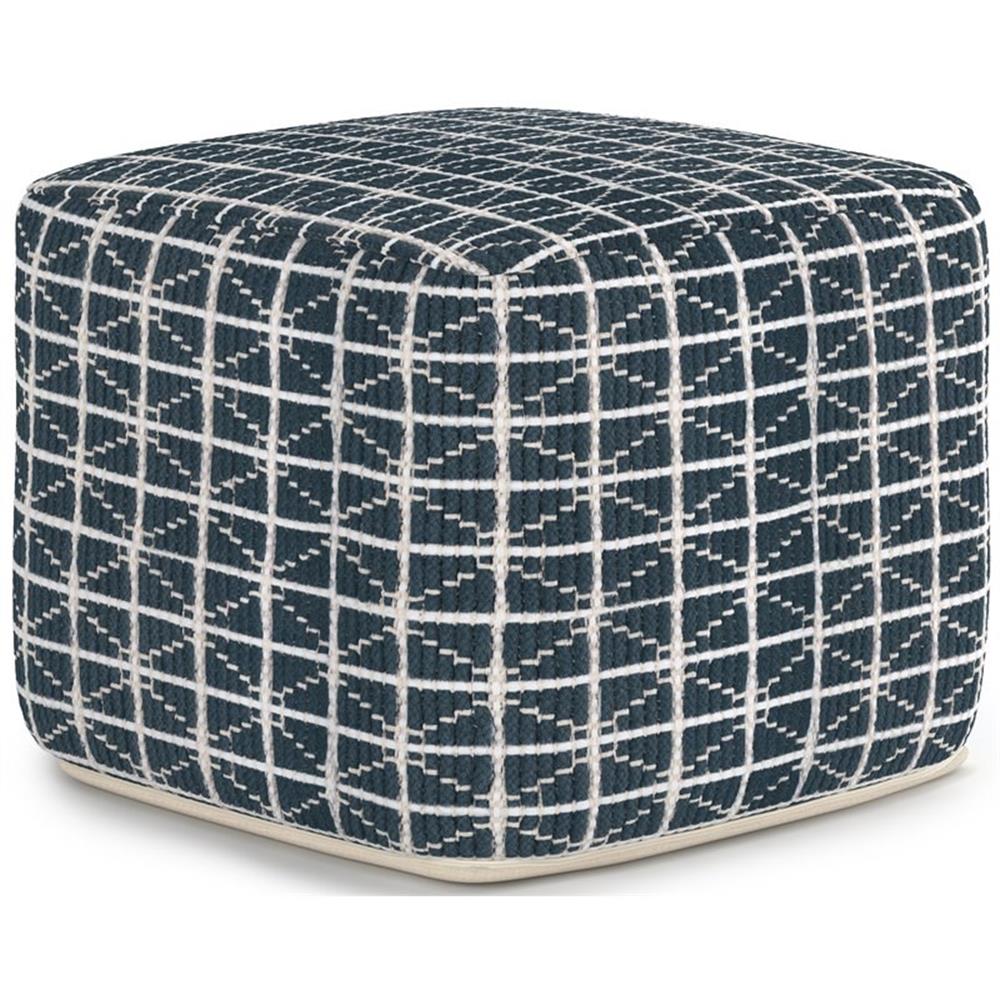 Pemberly Row Boho Square Pouf in Dark Blue and White Handloom Woven ...