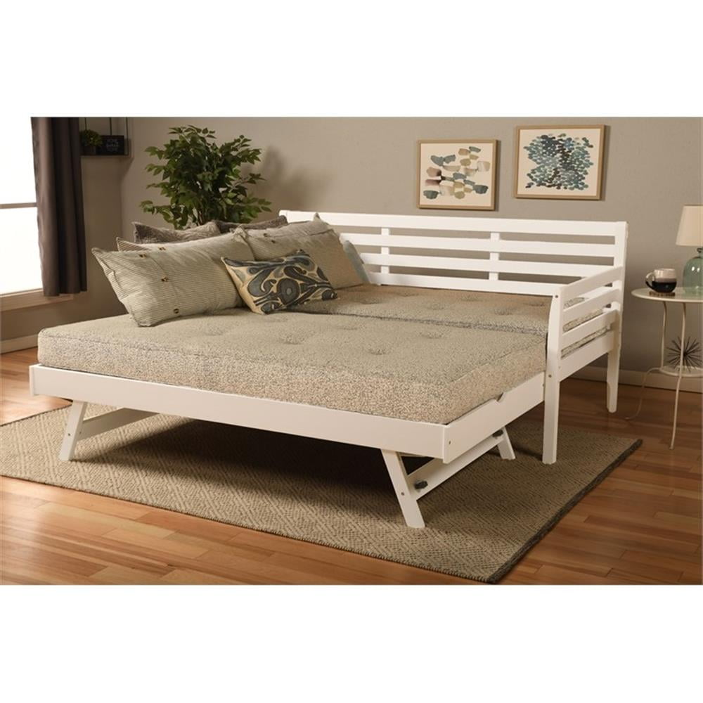 Pemberly Row Boho Wood Daybed/Pop Up Bed in White with Gray Mattresses ...