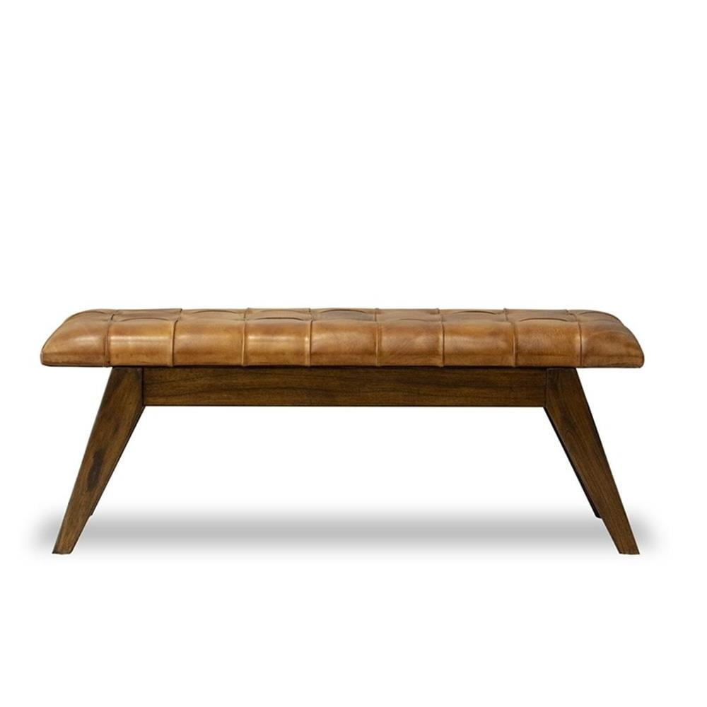 Pemberly Row Button-Tufted Genuine Leather Upholstered Bench in Tan ...