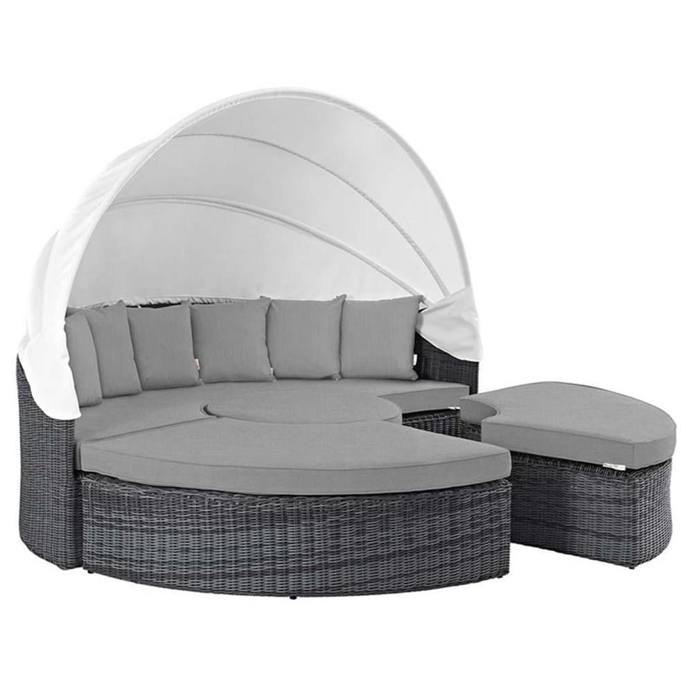 Pemberly Row Canopy Rattan and Fabric Patio Daybed in Canvas/Gray ...