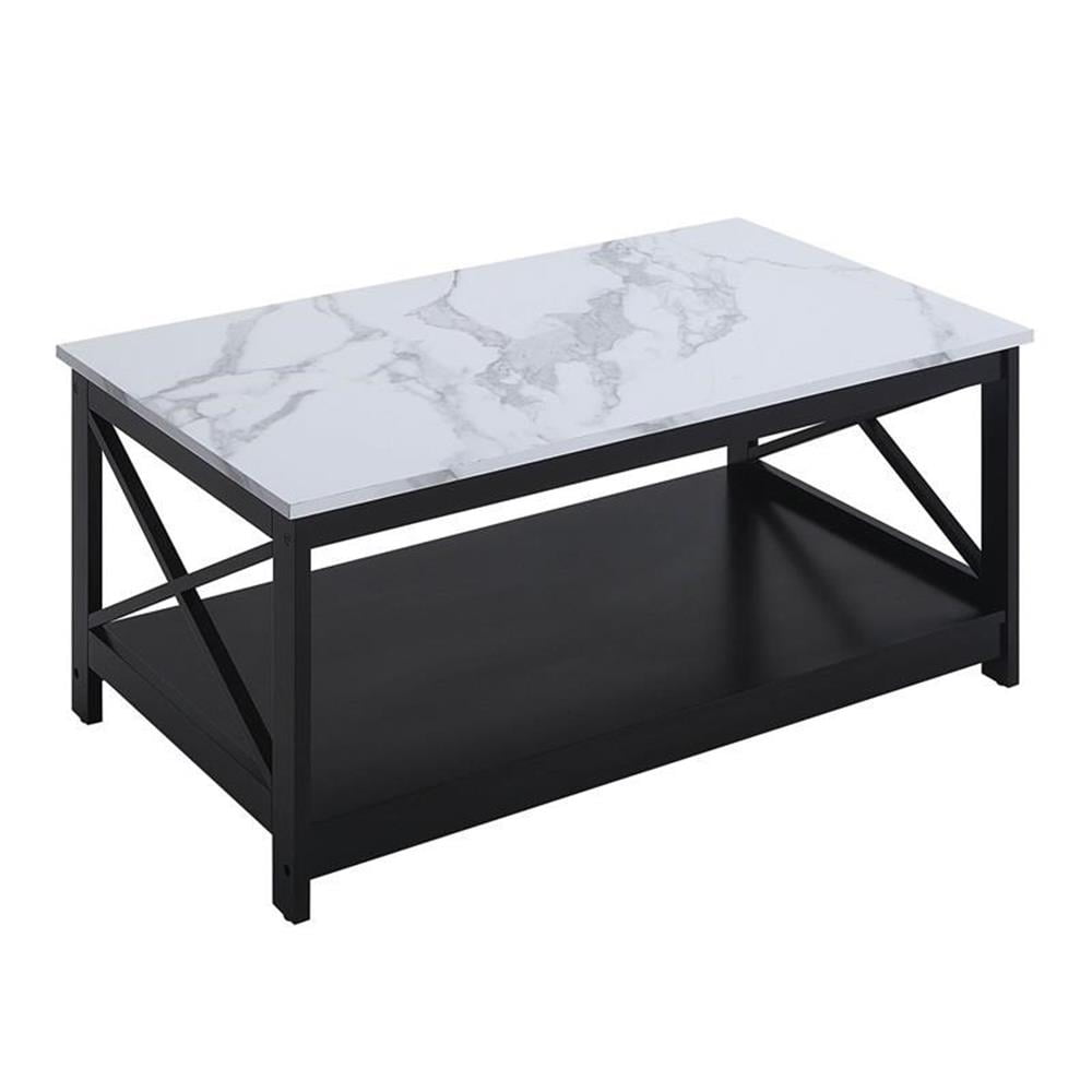 Pemberly Row Coffee Table with Shelf in White Faux Marble and Black ...