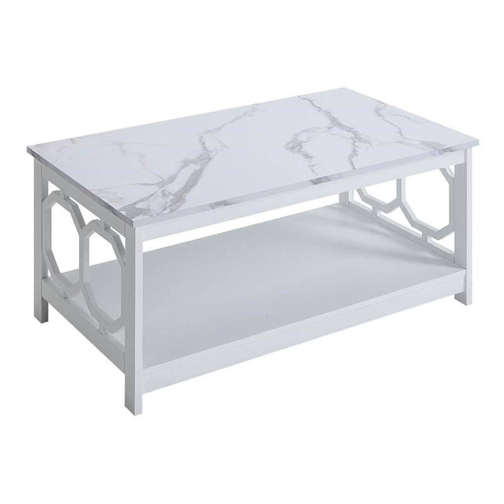 Pemberly Row Coffee Table with Shelf with White Faux Marble & White ...