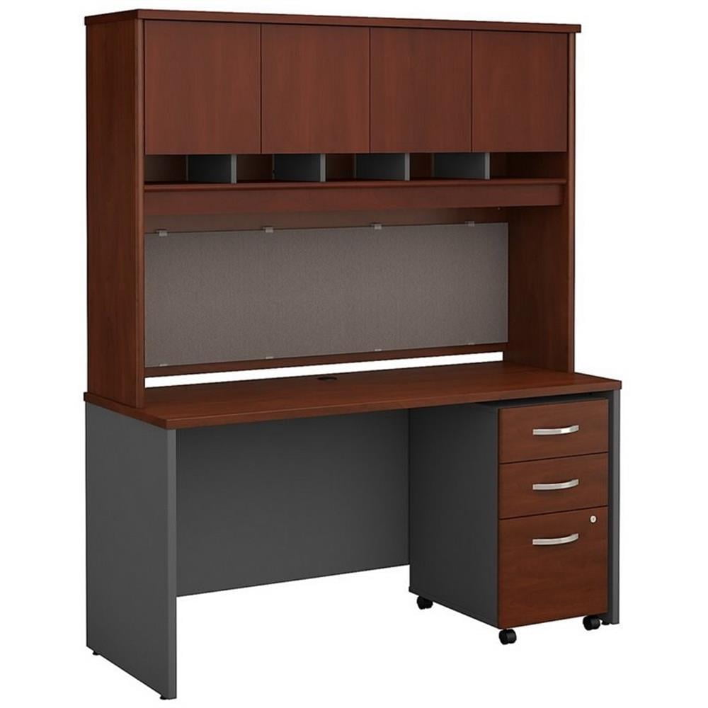 Pemberly Row Contemporary 60" 3 Drawer Credenza with Hutch in Hansen Cherry - Walmart.com