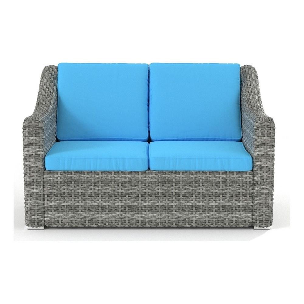 Pemberly Row Contemporary Cast Iron Outdoor Wicker Loveseat in Teal ...