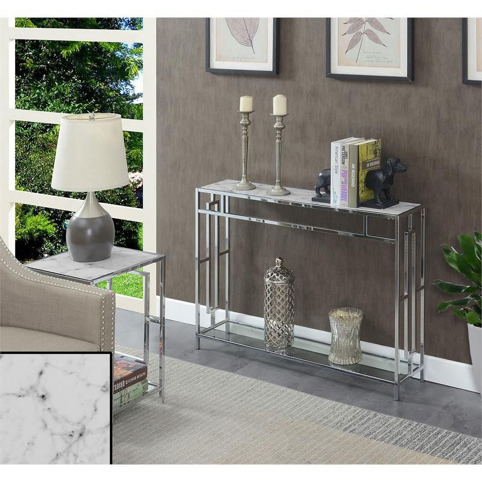 Pemberly Row Contemporary Chrome Metal Console Table with White Faux ...