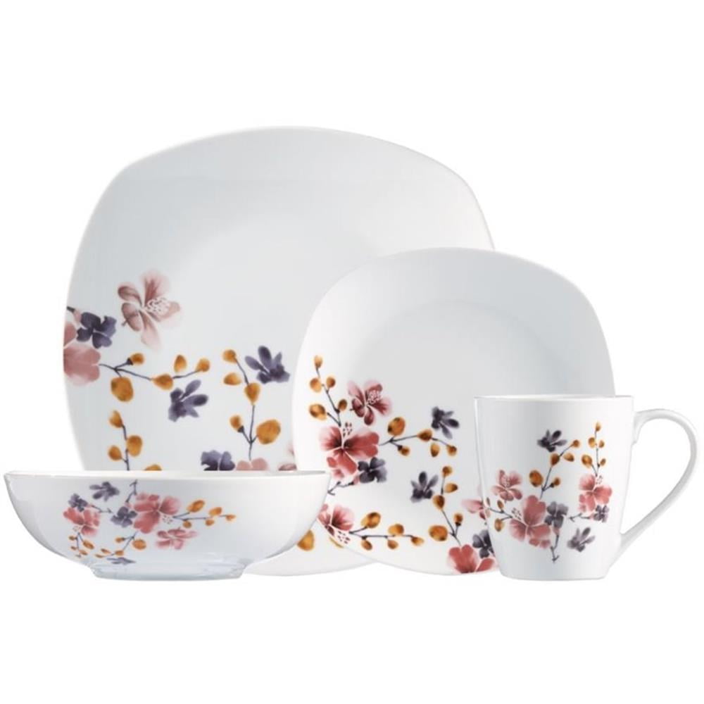 Pemberly Row Contemporary Porcelain Dinner Set 16 Piece Bloom - Walmart.com