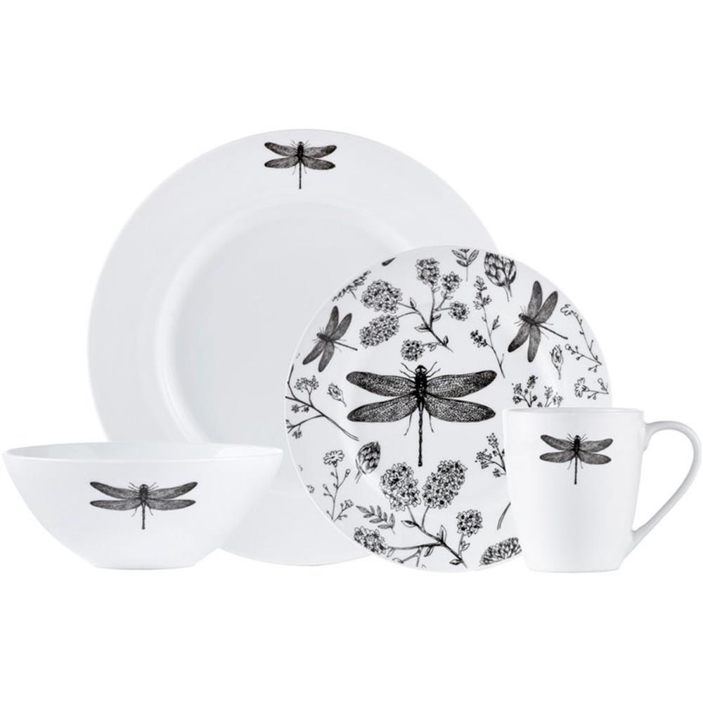 Pemberly Row Contemporary Porcelain Dinner Set 16 Piece Dragonfly ...