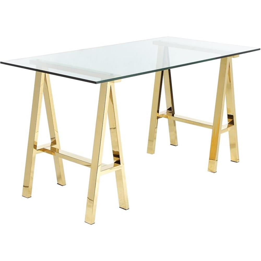 Pemberly Row Contemporary Small Metal Desk with Glass in Polished Gold ...