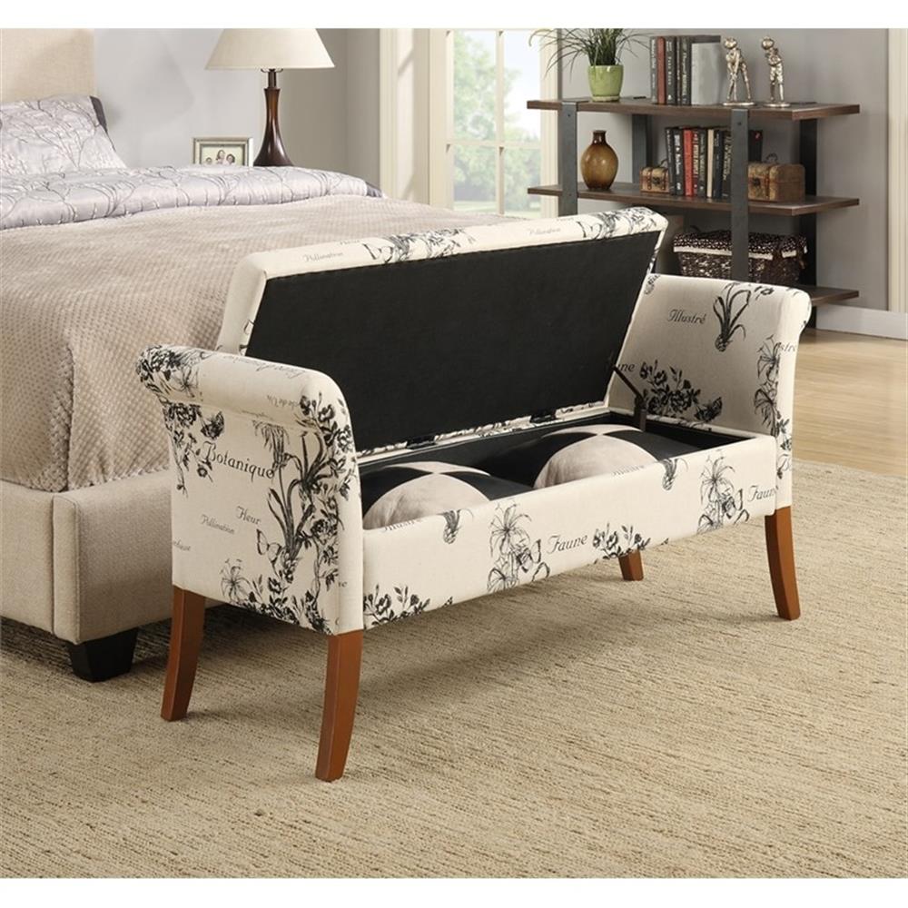 Pemberly Row Contemporary Storage Bench- Beige Botanical Fabric ...