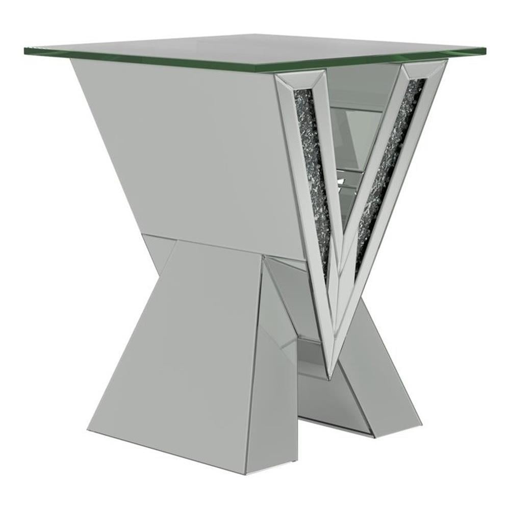 Pemberly Row Contemporary V-shaped End Table with Glass Top Silver ...